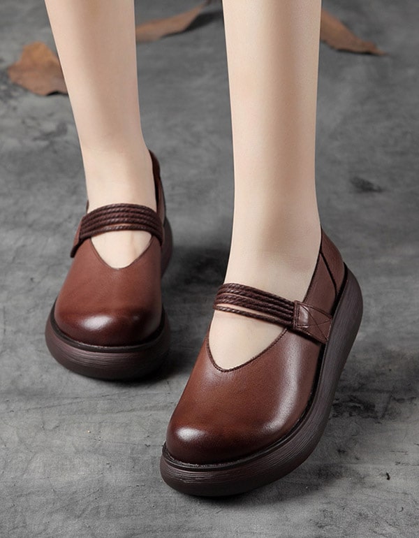 Retro Leather Handmade Round Head Wedge Shoes — Obiono