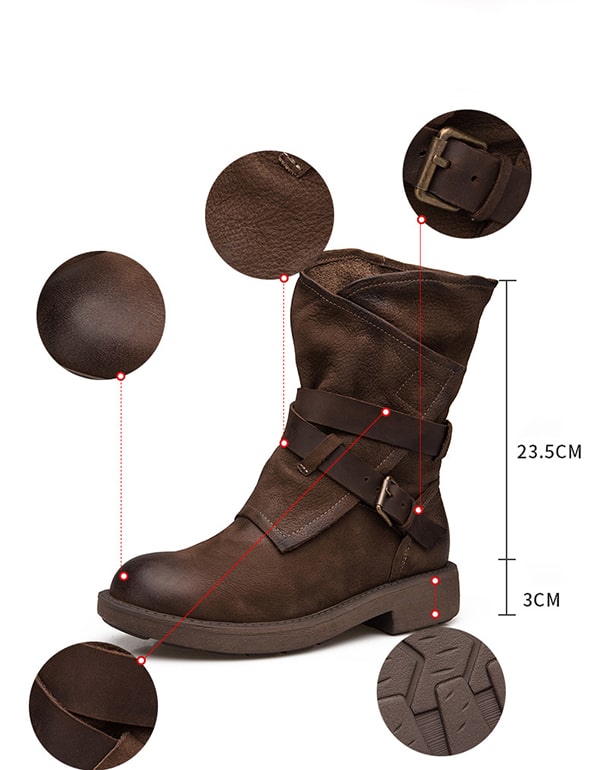Retro Leather Mid-tube Motorcycle Belt Buckle Boots — Obiono