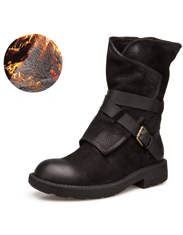 Retro Leather Mid-tube Motorcycle Belt Buckle Boots — Obiono