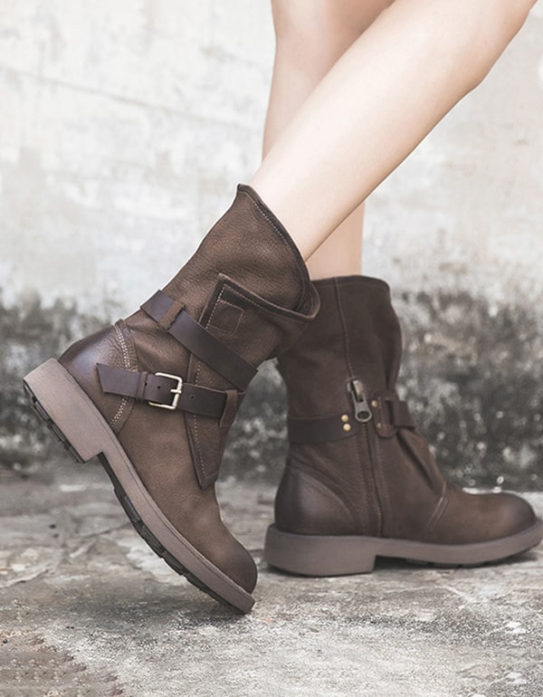 Retro Leather Mid-tube Motorcycle Belt Buckle Boots — Obiono