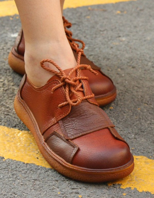 OBIONO Retro Round Head Lace-up Flat Shoes — Obiono