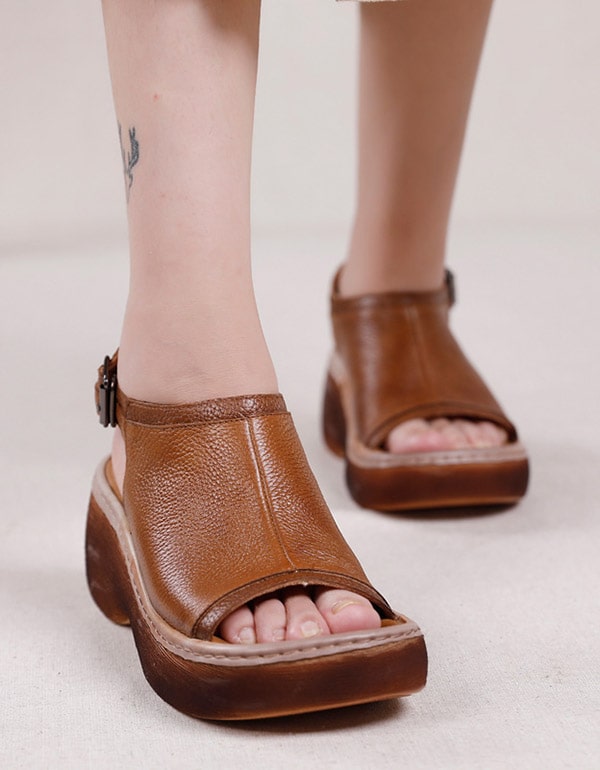 Retro Leather Summer Open Toe Platform Sandals — Obiono