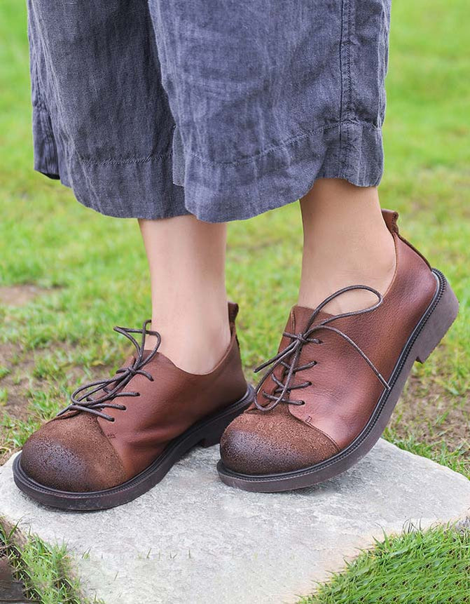 Round Toe Suede Spliced Lace-up Flat Shoes — Obiono