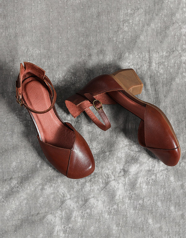 Simple Leather Buckle Middle Heel Chunky Pumps — Obiono