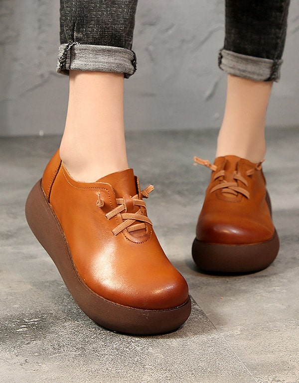 Spring Summer Round Head Ladies Leather Platform Shoes — Obiono
