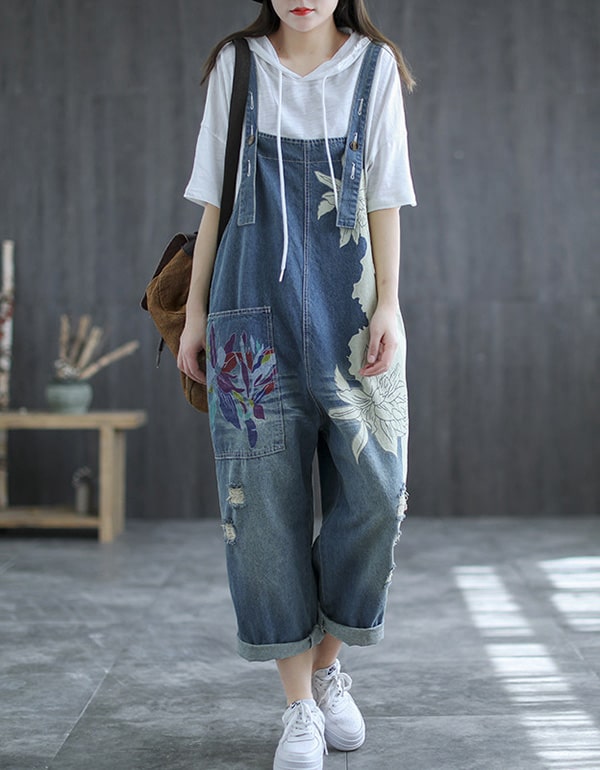 Summer Denim Overalls Retro Printed Jumpsuit — Obiono