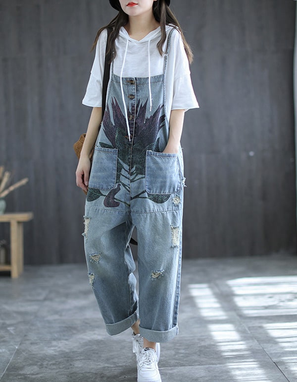 Summer Denim Overalls Retro Printed Jumpsuit — Obiono
