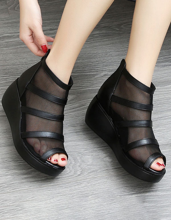 Summer Mesh Fish-toe Ankle Wedge Sandals — Obiono