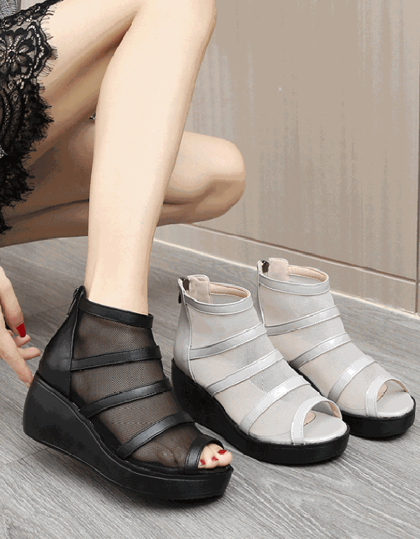 Summer Mesh Fish-toe Ankle Wedge Sandals — Obiono