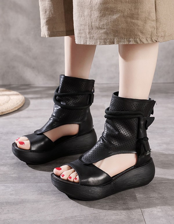 Summer Open Toe Side Hollow Leather Sandals — Obiono