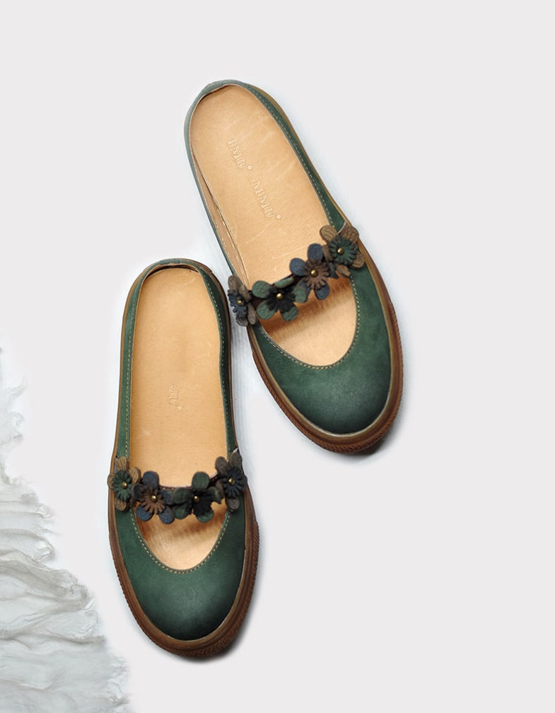 Summer Retro Leather Flower Green Slippers — Obiono