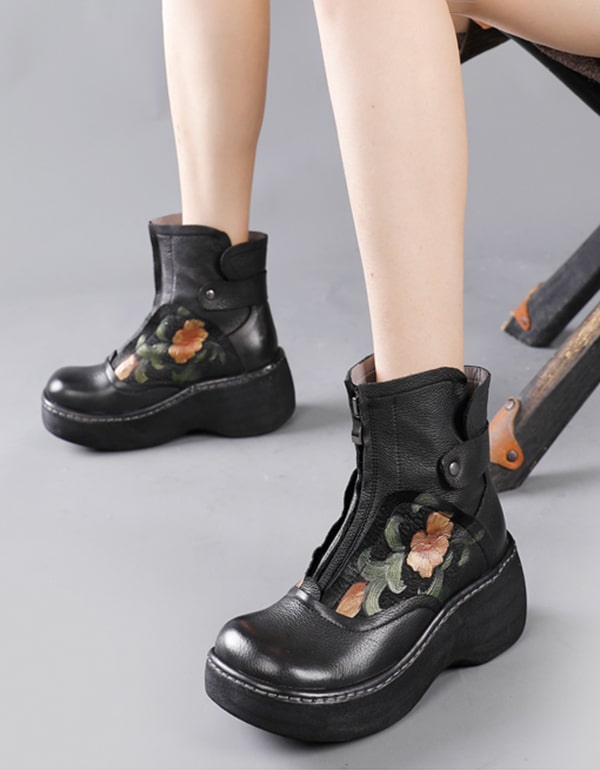 Waterproof Wild Head Retro Leather Platform Boots — Obiono