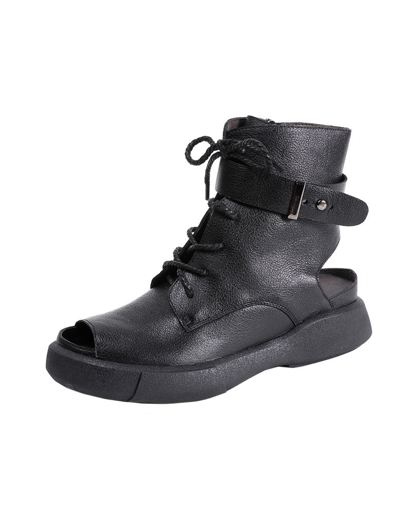 Buckle Retro Leather Open Toe Summer Boots — Obiono