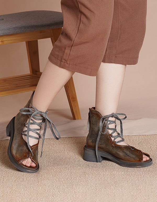 Womens Retro Leather Handmade Cross strap Fish Toe Sandals — Obiono