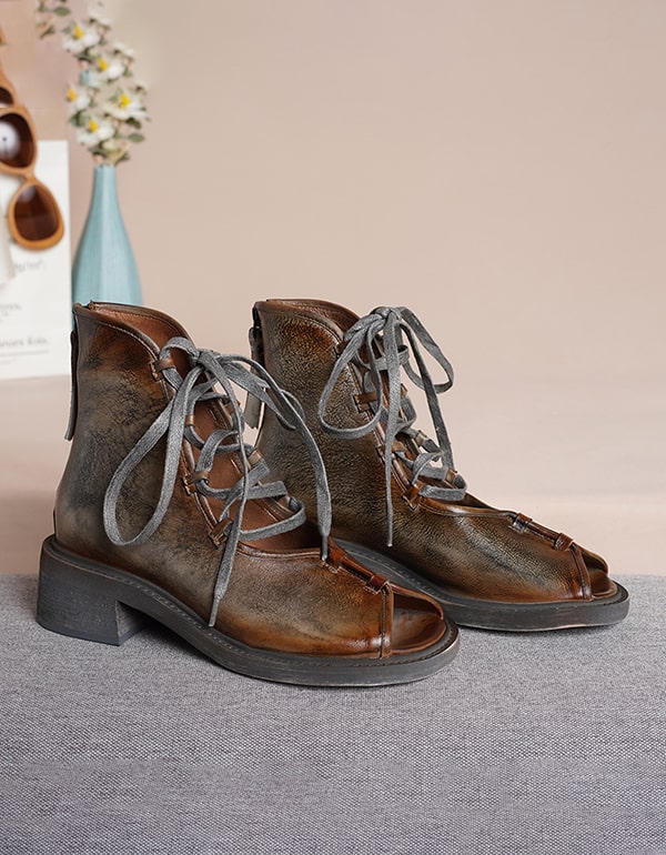 Womens Retro Leather Handmade Cross strap Fish Toe Sandals — Obiono
