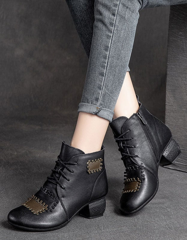 Handmade Retro Leather Patch Chunky Boots — Obiono