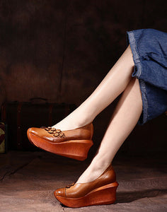 Handmade Leather Vintage Wedge Shoes for Women — Obiono
